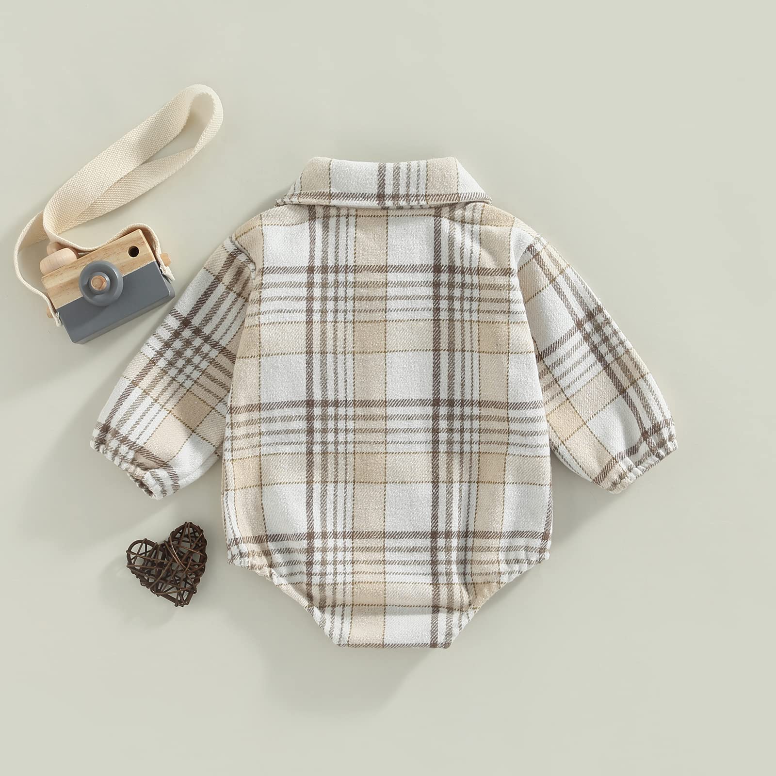 CIYCUIT Baby Boy Girl Flannel Plaid Shirt Long Sleeve Button Romper Bodysuit Fall Clothes Beige 3-6 Months