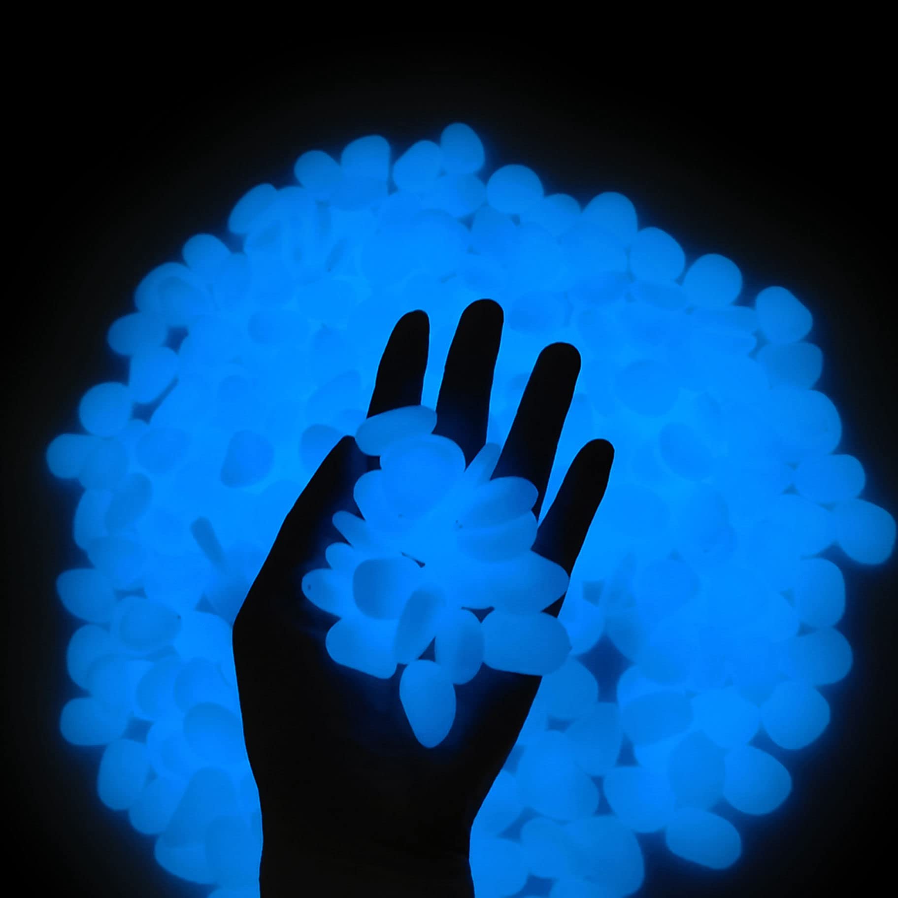 GLOCARNIVAL Glow Pebbles, 480 pcs Blue Glowing Rocks for Outdoor Decor, Garden Lawn Yard, Aquarium, Walkway, Fish Tank, Pathway, Luminous Pebbles Powered by Light or Solar