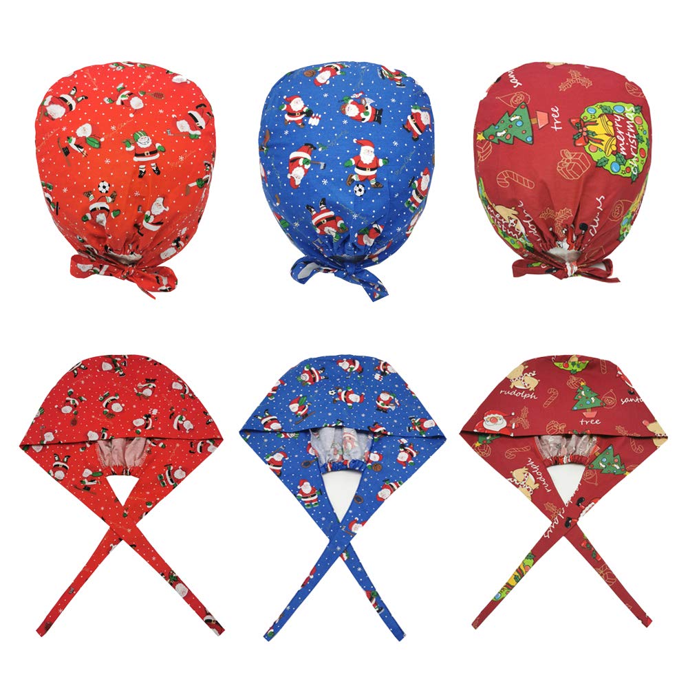 Christmas Printed Working Cap with Button and Sweatband Adjustable Bouffant Hats for Women Men （3 Pcs）