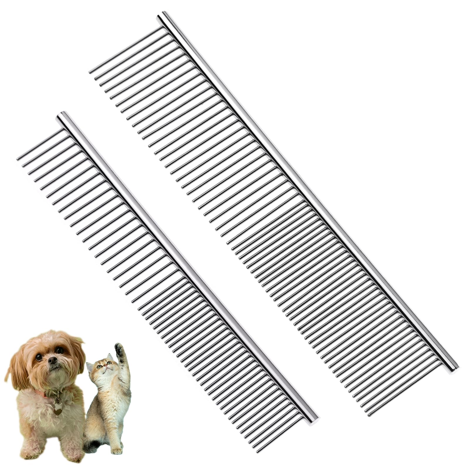 Flezoo 2PCS Dog and Cat Brush, Stainless Steel Dog Grooming Comb Kit, Detangler Deshedding Brush for Long Haired Dogs&Cats, Dog Tangles Metal Comb&Knots Hair Remover for Dog&Cat Undercoat 6.4" 7.5"