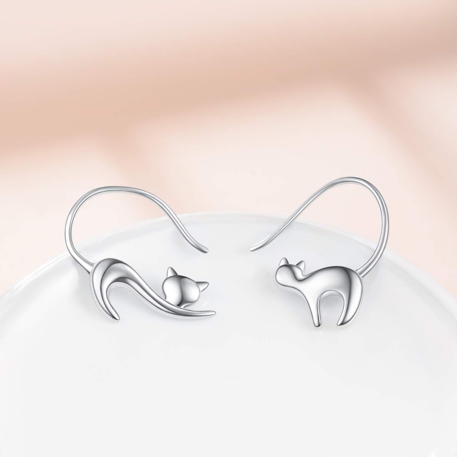 Cat Dangle Earrings 925 Sterling Silver Pull Through Animal Cat Hoop Earrings for Women Grils Christmas Gifts