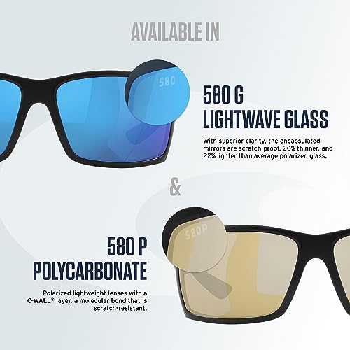 Costa Del Mar Mens Tico Rectangular Sunglasses, Matte Black/Blue Mirrored Polarized-580G, 60 mm