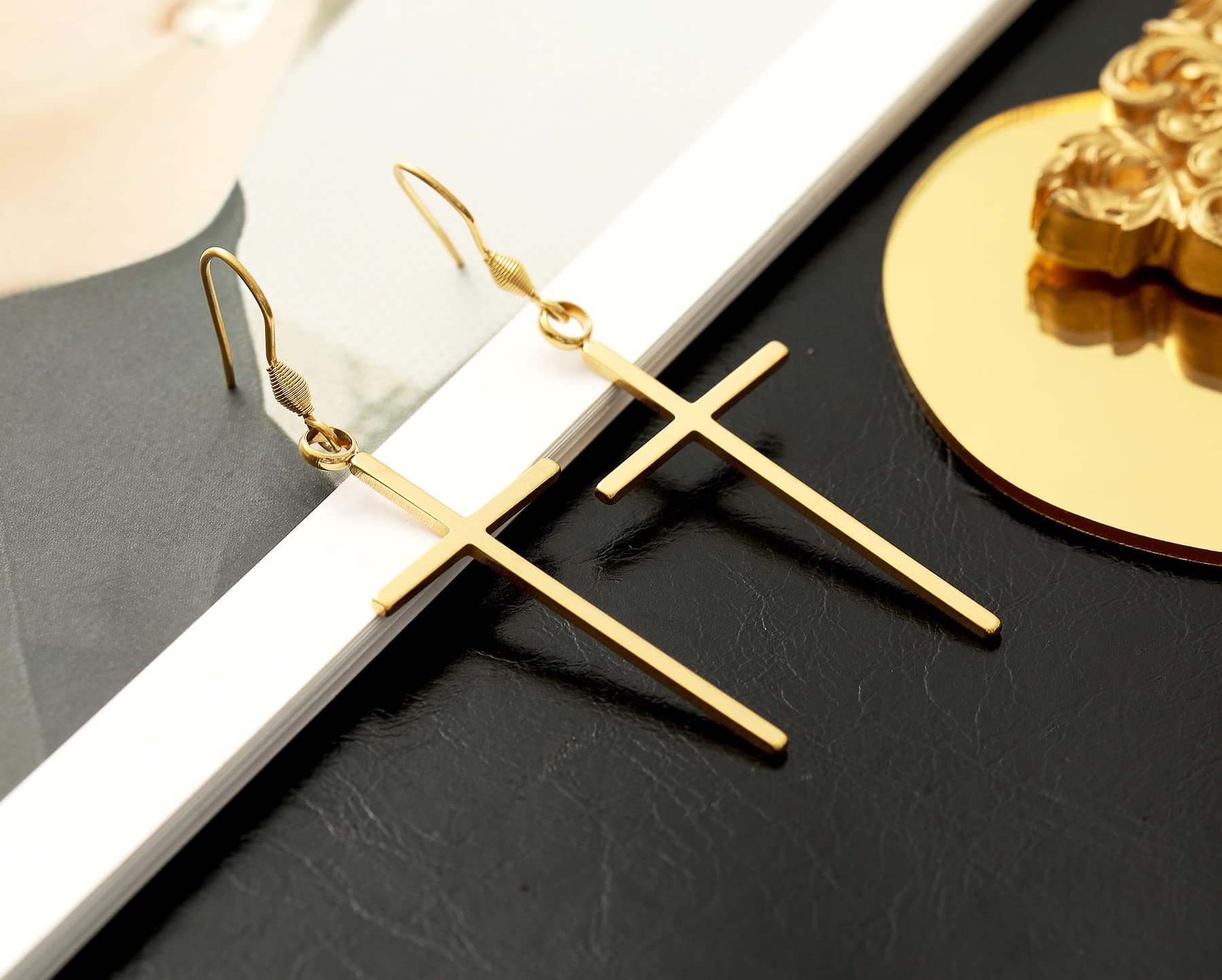 Cross Earrings for Women Stainless Steel Long Slim Dangle Cross Earrings 3 Pairs Silver Gold Black