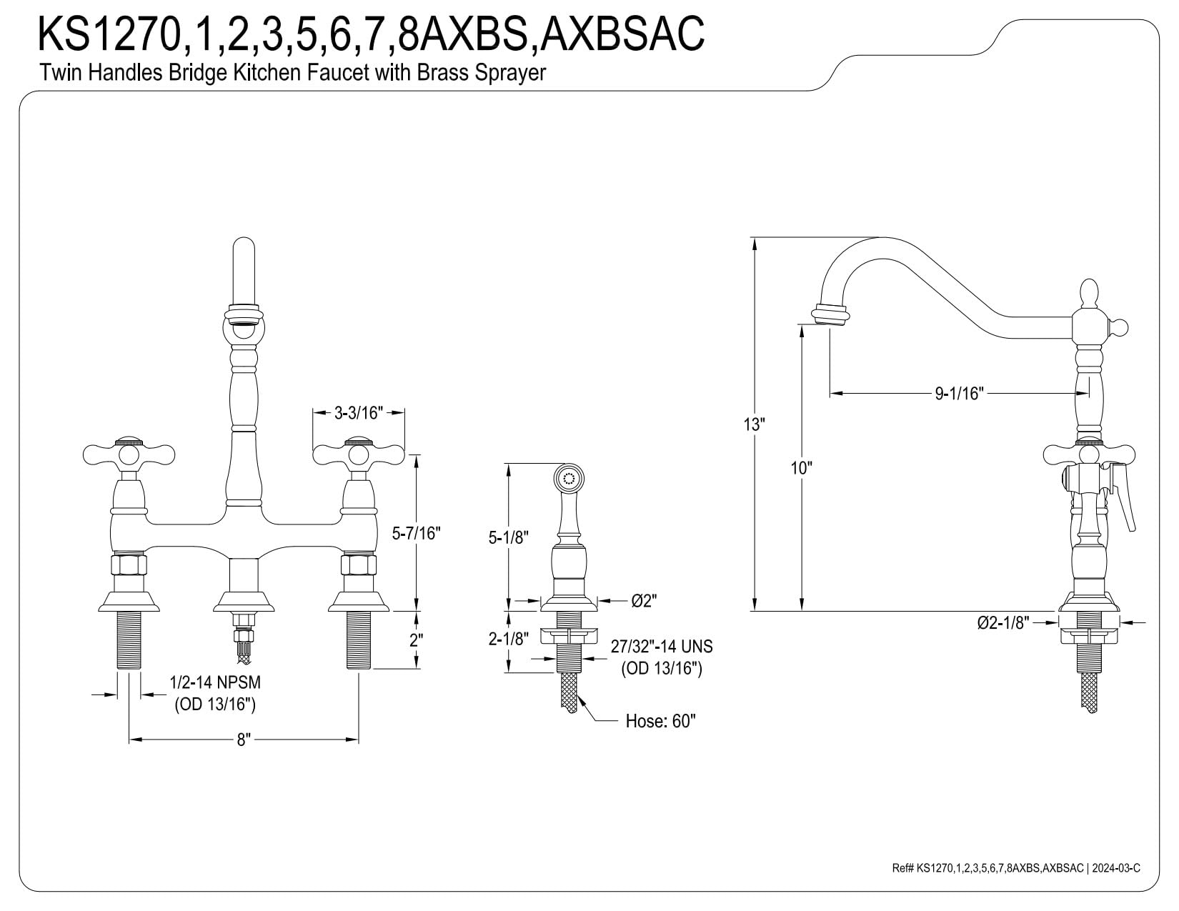 Kingston Brass KS1270AXBS Heritage Bridge Kitchen Faucet, 8-9/16" in Spout Reach, Matte Black