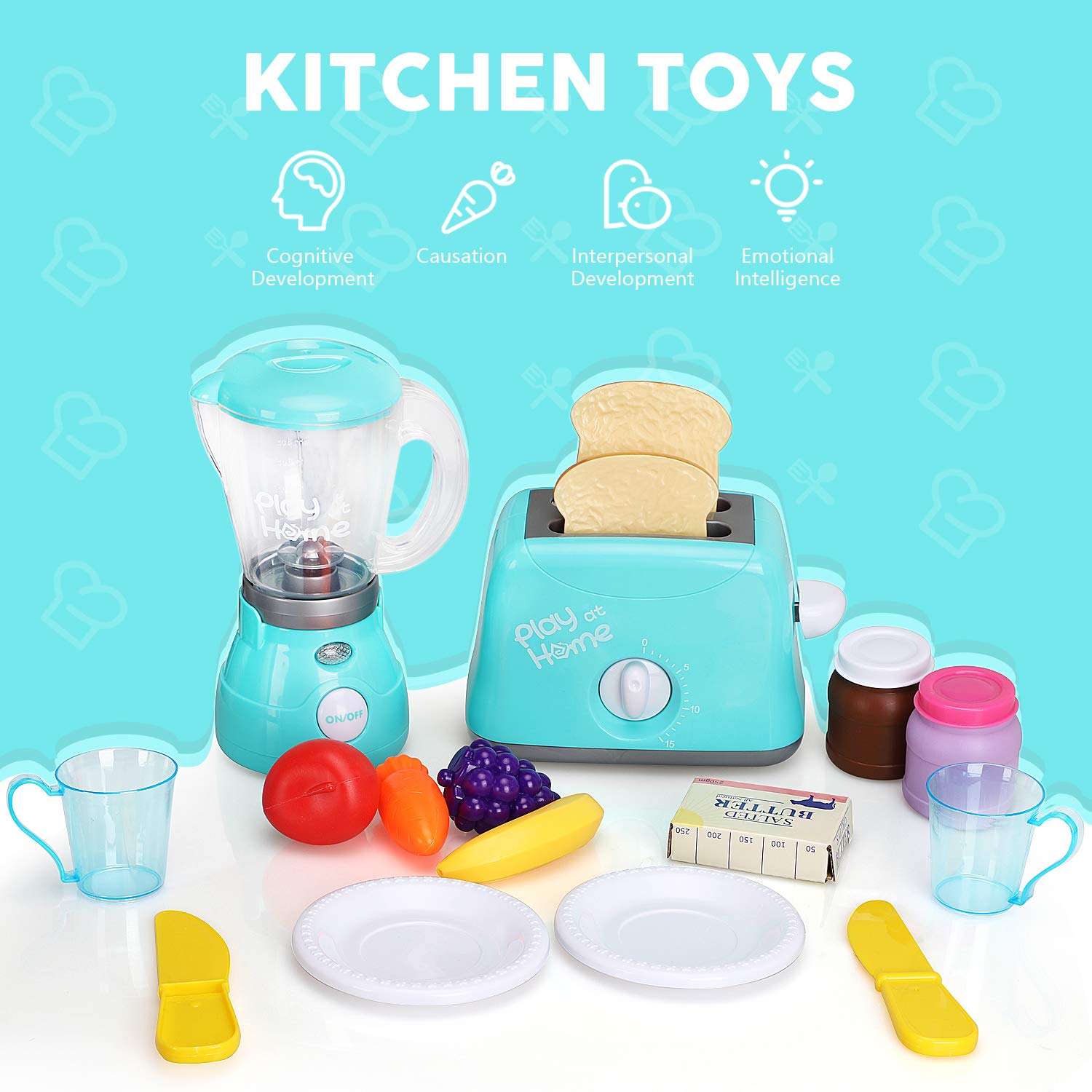 TOY Life Play Kitchen Accessories Toddler Kitchen Playset Toy Kitchen Appliances Kitchen Sets for Kids Ages 4-8 Kid Blender Toy Toaster Kitchen Set with Realistic Light Sound Gift for Girls Boys