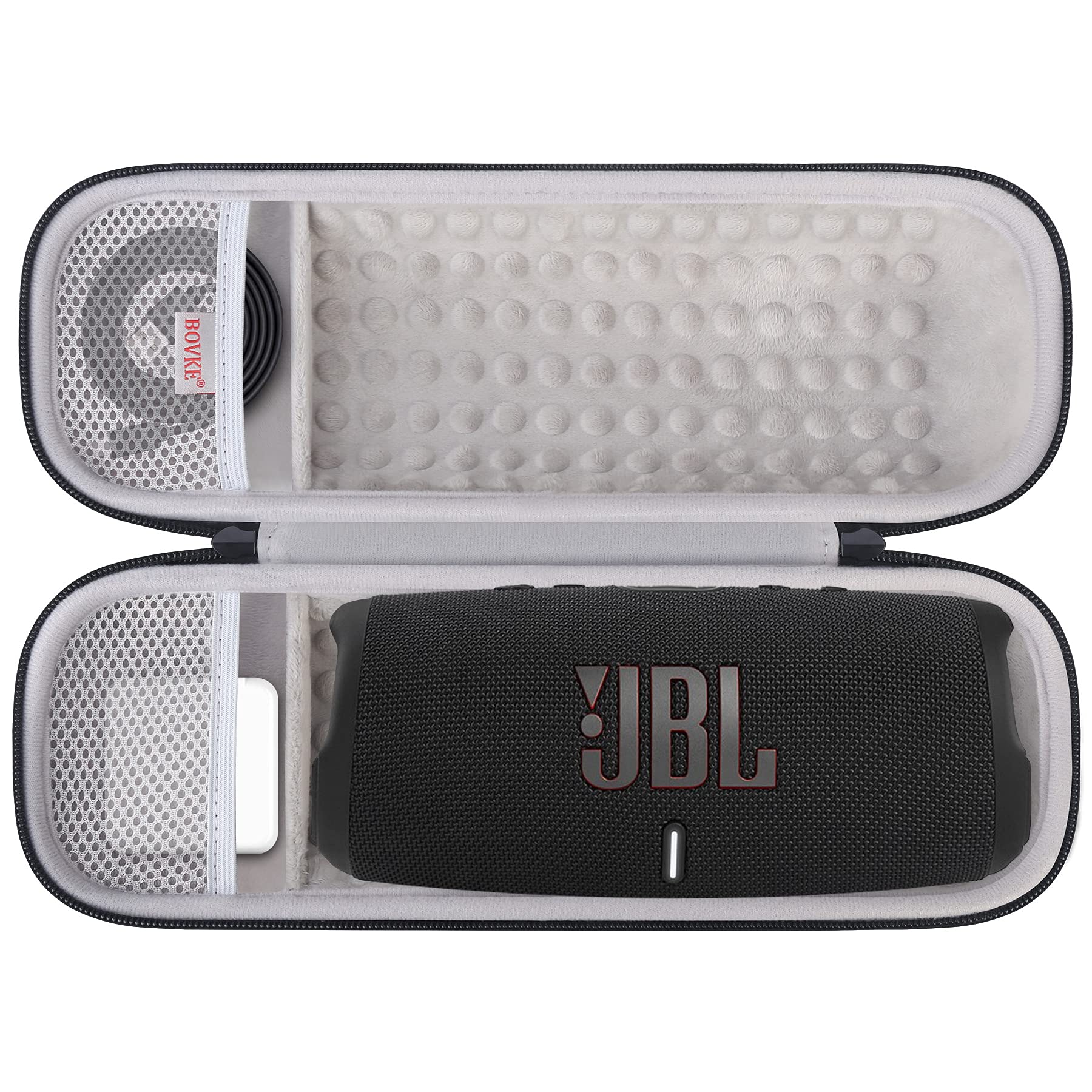 BOVKE Hard Travel Case Replacement for JBL Charge 5 Waterproof Portable Bluetooth Speaker, Extra Mesh Pouches for USB Cables and Charger Accessories, Black