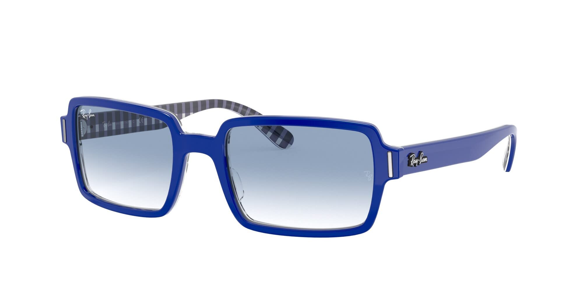 Ray-Ban Rb2189 Benji Rectangular Sunglasses, Blue On Vichy Blue/White/Clear Gradient Blue, 54 mm