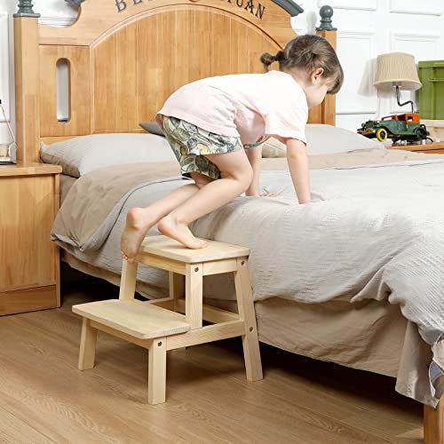 HOUCHICS Wooden Step Stool for Adults Kids, Solid Wood Bed Step Stool, Multi-Purpose 2-Step Stool for Kitchen, Bed, Bathroom(Natural)