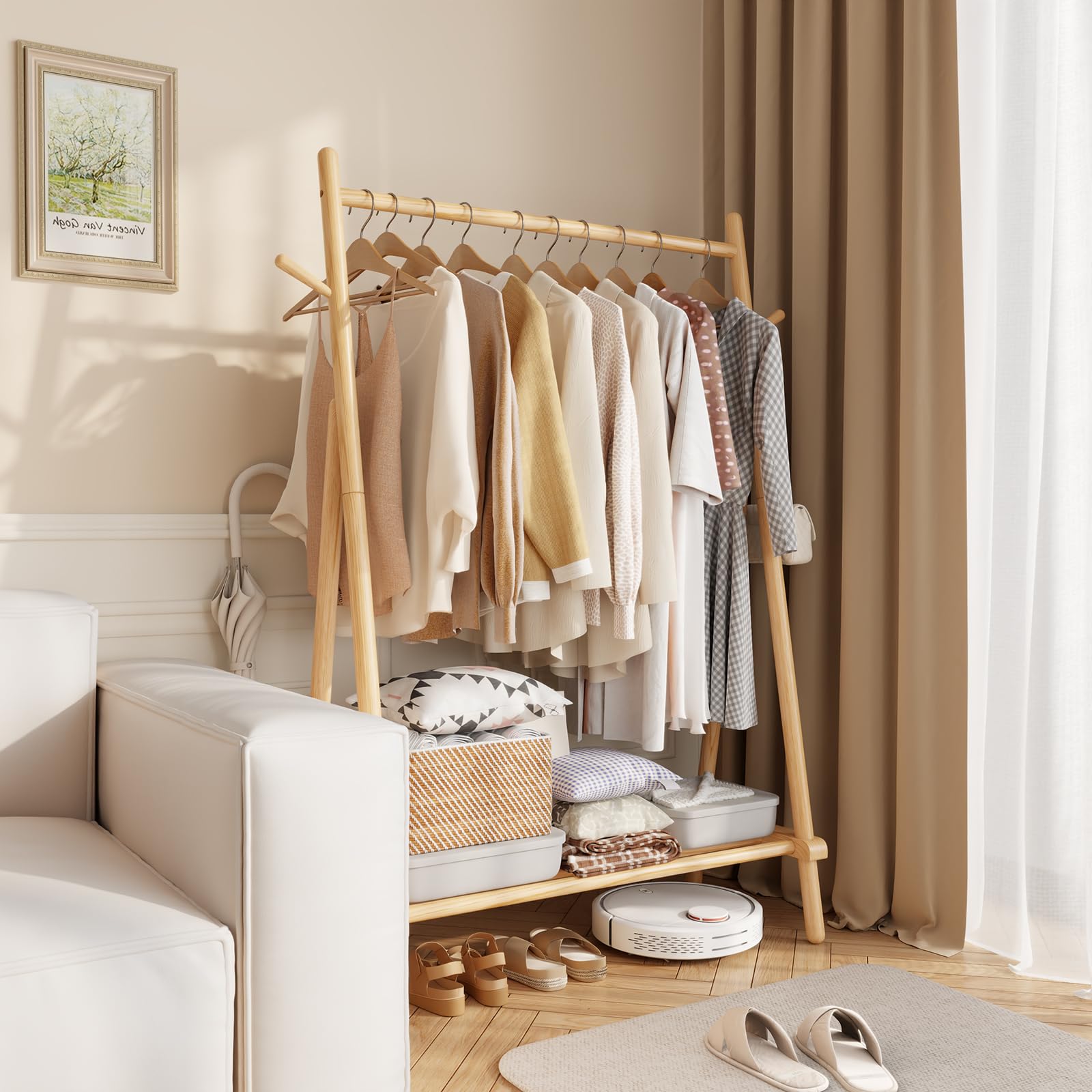 KASLANDI Solid Wood Clothes Rack, Clothing Rack with Shelf and Hook, Sturdy and Portable, Garment Rack for Hanging Clothes,Coats,Skirts,Shoes,Bags,Easy to Assemble (Natural)