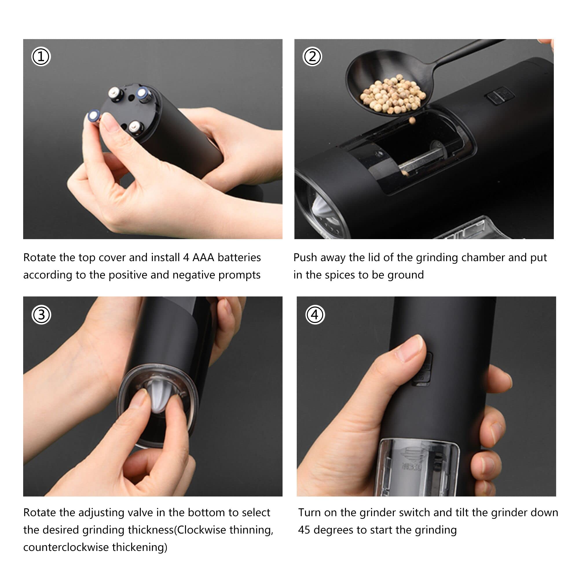 Electric Pepper Salt Grinder Gravity Automatic Spice Grinder Battery Powered Pepper Mill with LED Light Adjustable Coarseness One Hand Operation for Kitchen Resturant Camping BBQ Black