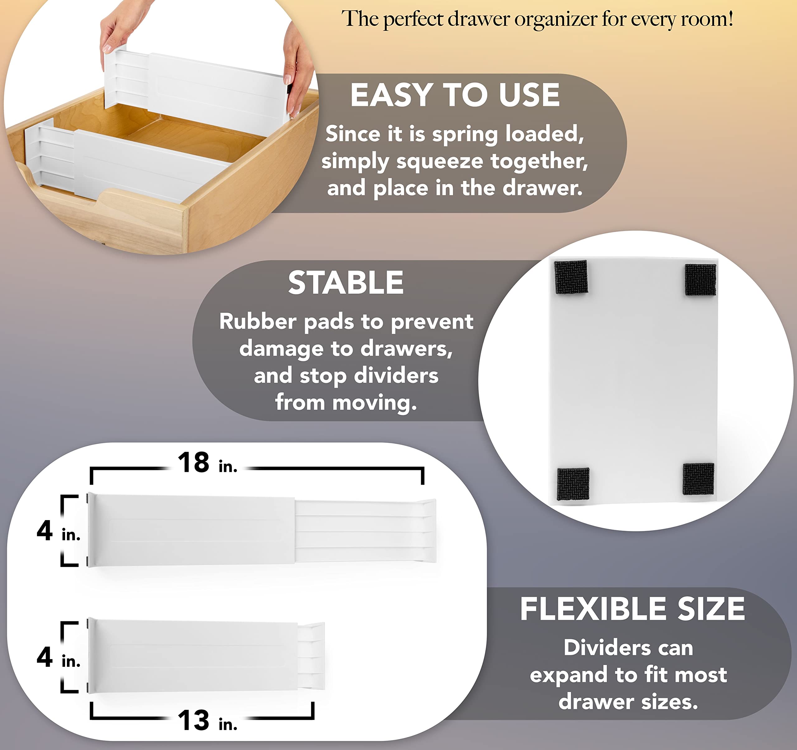 Dial Industries Adjustable Spring Loaded Drawer Dividers, Set of 4, White