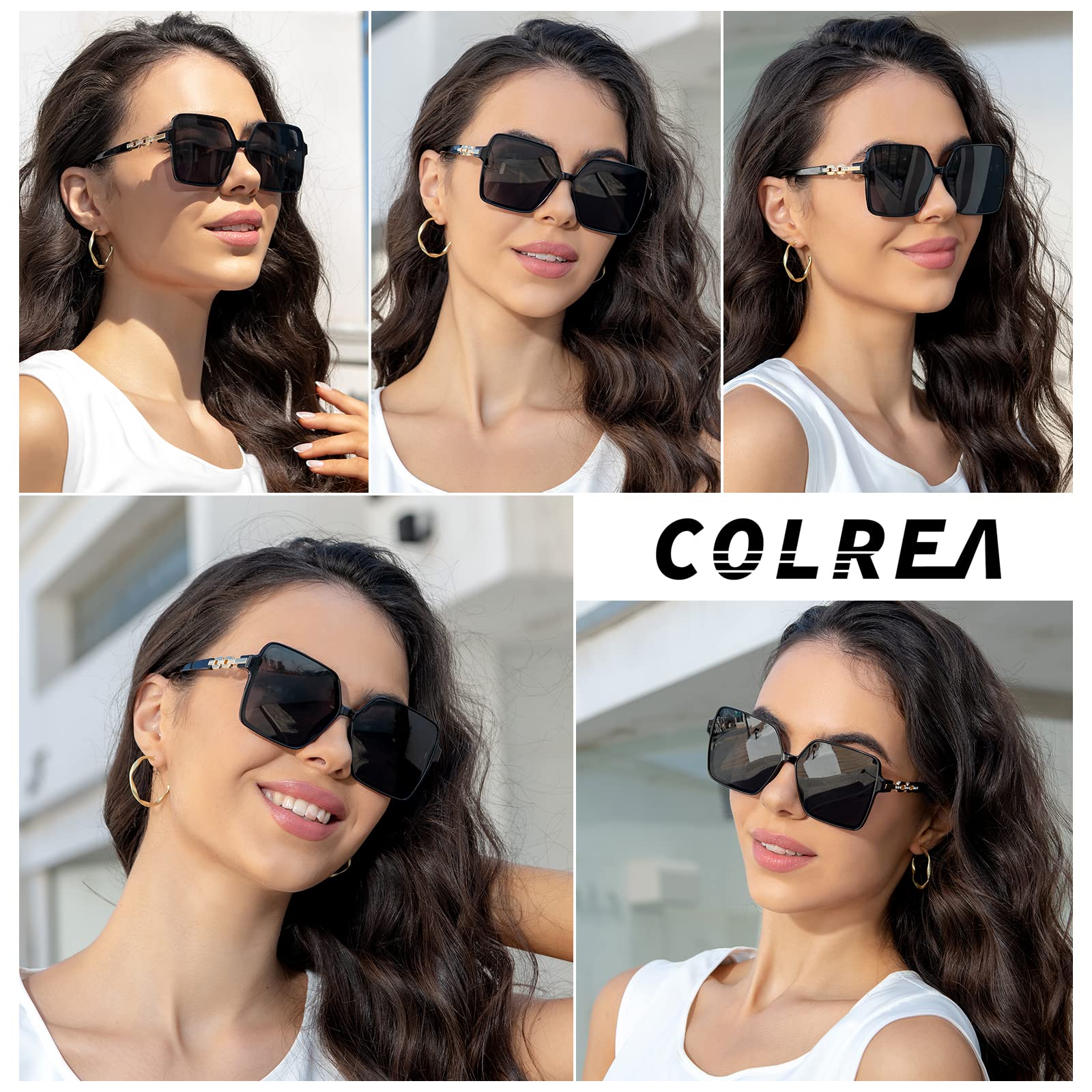 Colrea Trendy Polarized Square Sunglasses for Women Oversized Big Fashion Shades UV Protection CL23001 (Black)