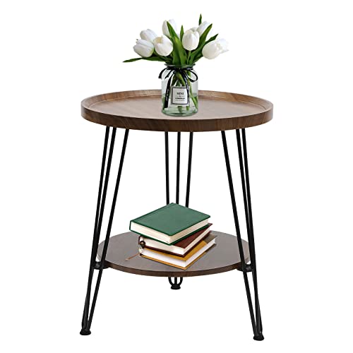 Round End Table, Small Side Table with Storage Shelf, 2-Tier Circular Rustic Vintage Table, Solid Telephone Table Nightstand for Living Room Bedroom Entryway, Black Metal Leg and Walnut Boards