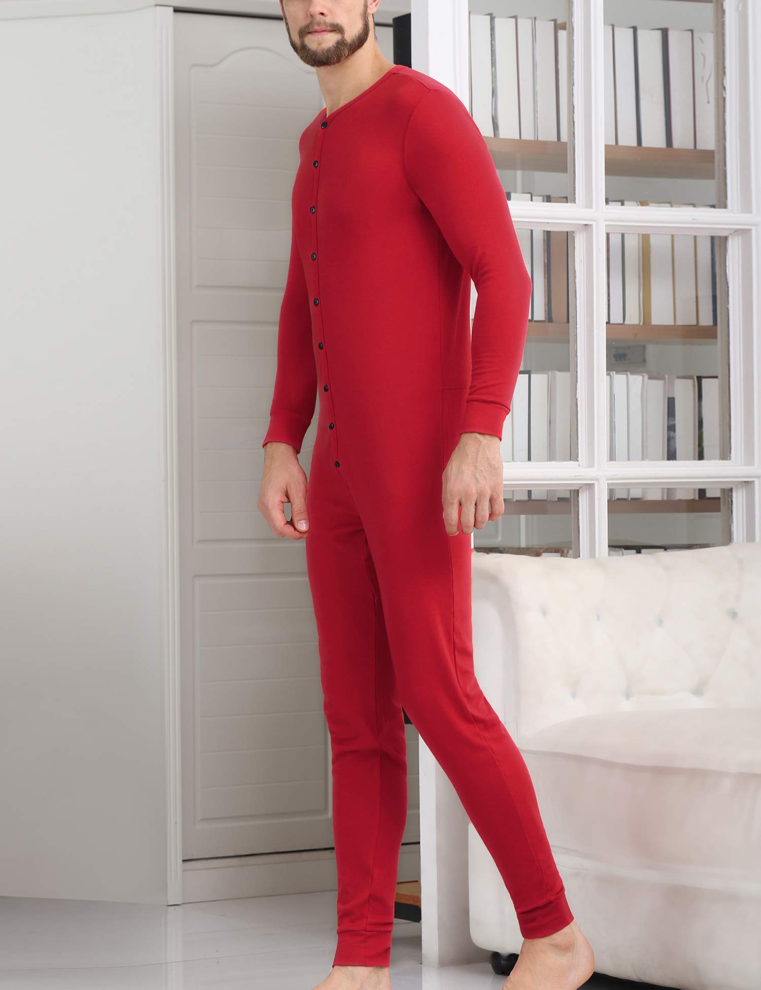 COLORFULLEAF Men's Cotton Thermal Underwear Union Suits Henley Onesies Base Layer (Red, XL)