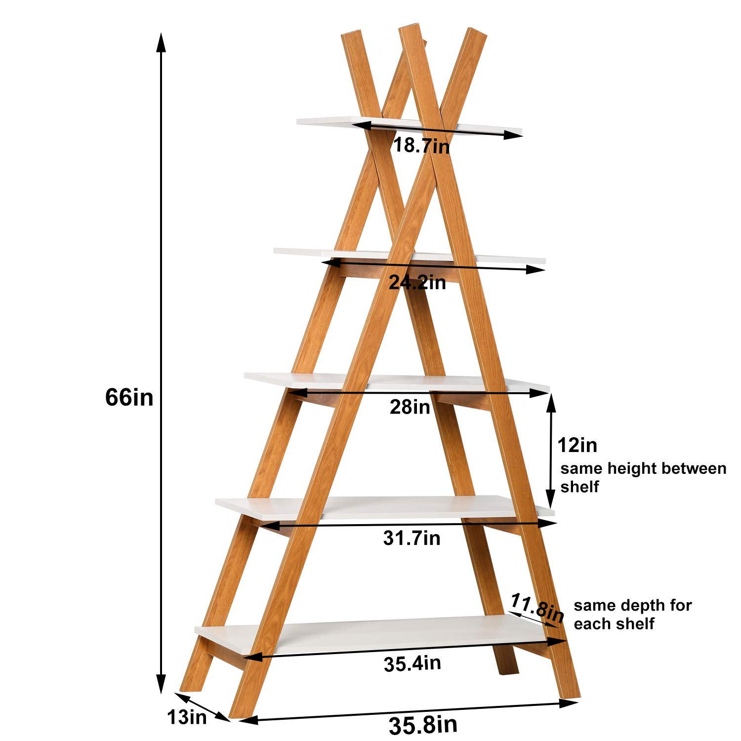 CERBIOR 5 Tier Bookshelf Storage Shelves, A Frame Bookcase, Plant Book Display Furniture for Home Office, Burlywood