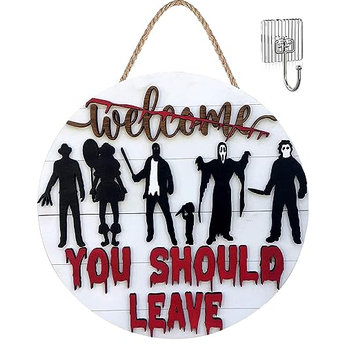 Scary Front Door Welcome Sign 3D Halloween Horror Movie Characters Welcome Sign Horror Welcome Sign for Front Door for Rustic Farmhouse Home Decorations Sign Window Wall Hanging Decor