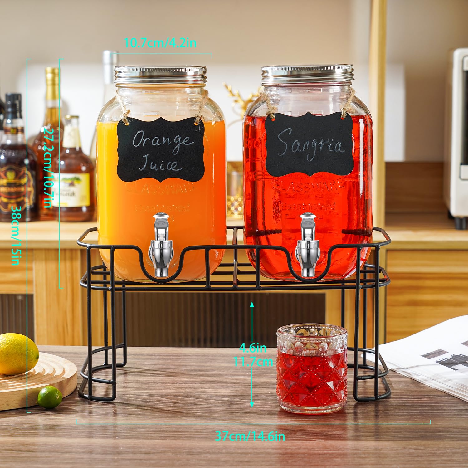 Einfache 1 Gallon Drink Dispenser with Stand,2 Pack Beverage Dispenser with Stand,Glass Water Lemonade Dispensers for Juice,Parties