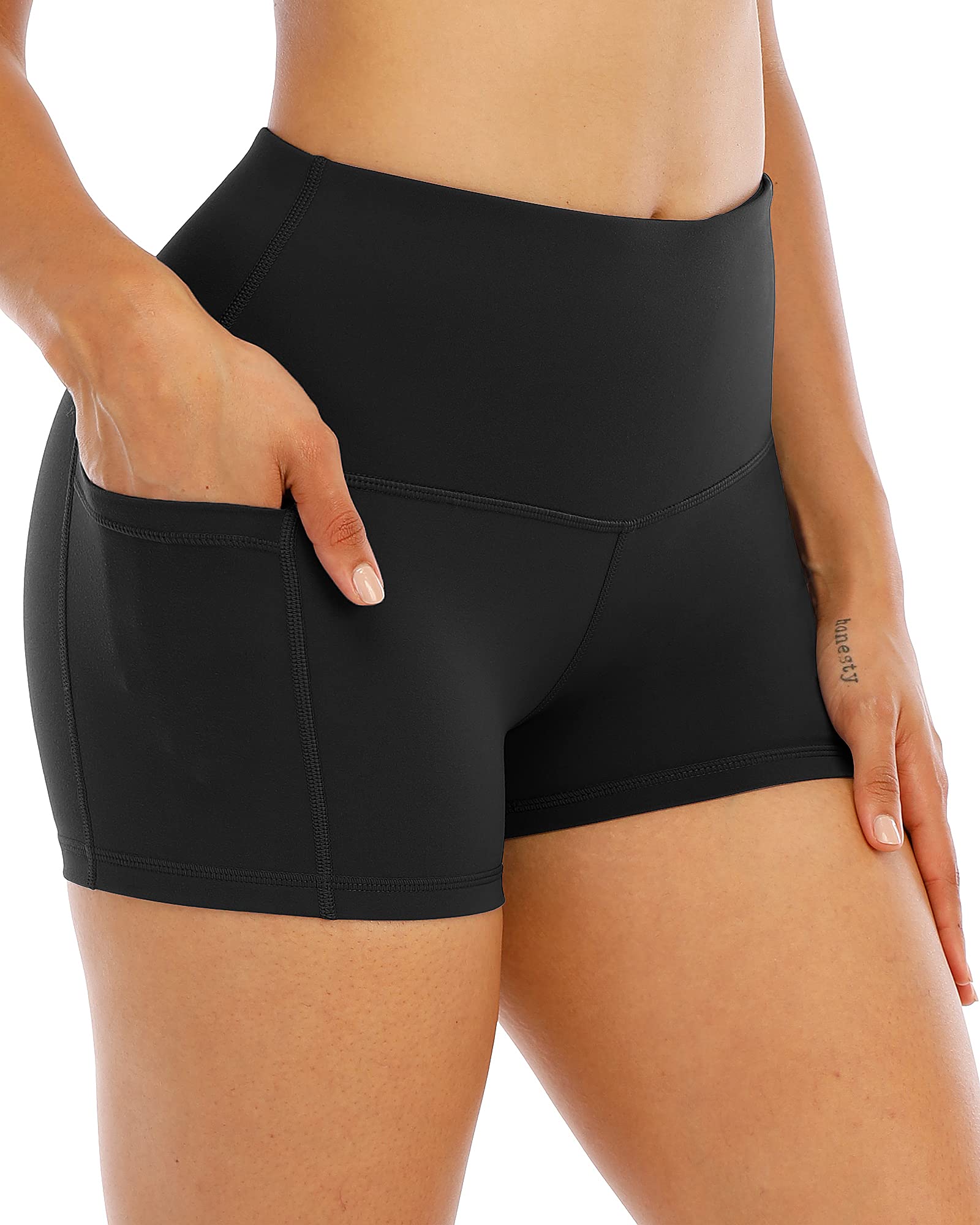 CHRLEISURE Spandex Yoga Biker Shorts with Pockets for Women, 3'' / 5'' / 8'' Workout Booty Shorts(5'' Black, XL)