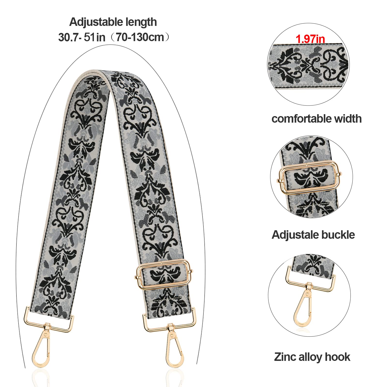 Embroidery Purse Strap for Women Crossbody Bag ,Silver,Gold Hardware,Adjustable Strap for Handbag ,Cross Body Belt for Shoulder Bags