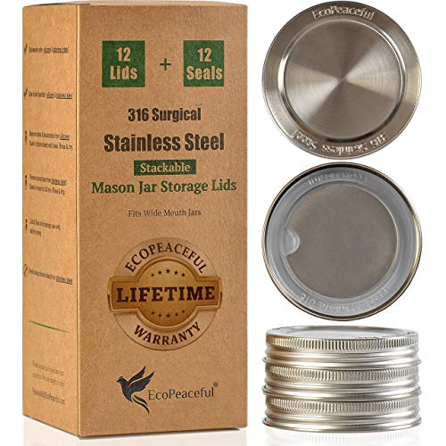 EcoPeaceful 316 Surgical Stainless Steel Mason Jar Lids WIDE Mouth -ORIGINAL DESIGN- Stackable w/Pull-Tab Silicone Seal. Rust-proof, Airtight, Leak-Proof, BPA-Free, PVC-Free, Vegan - Not for Canning