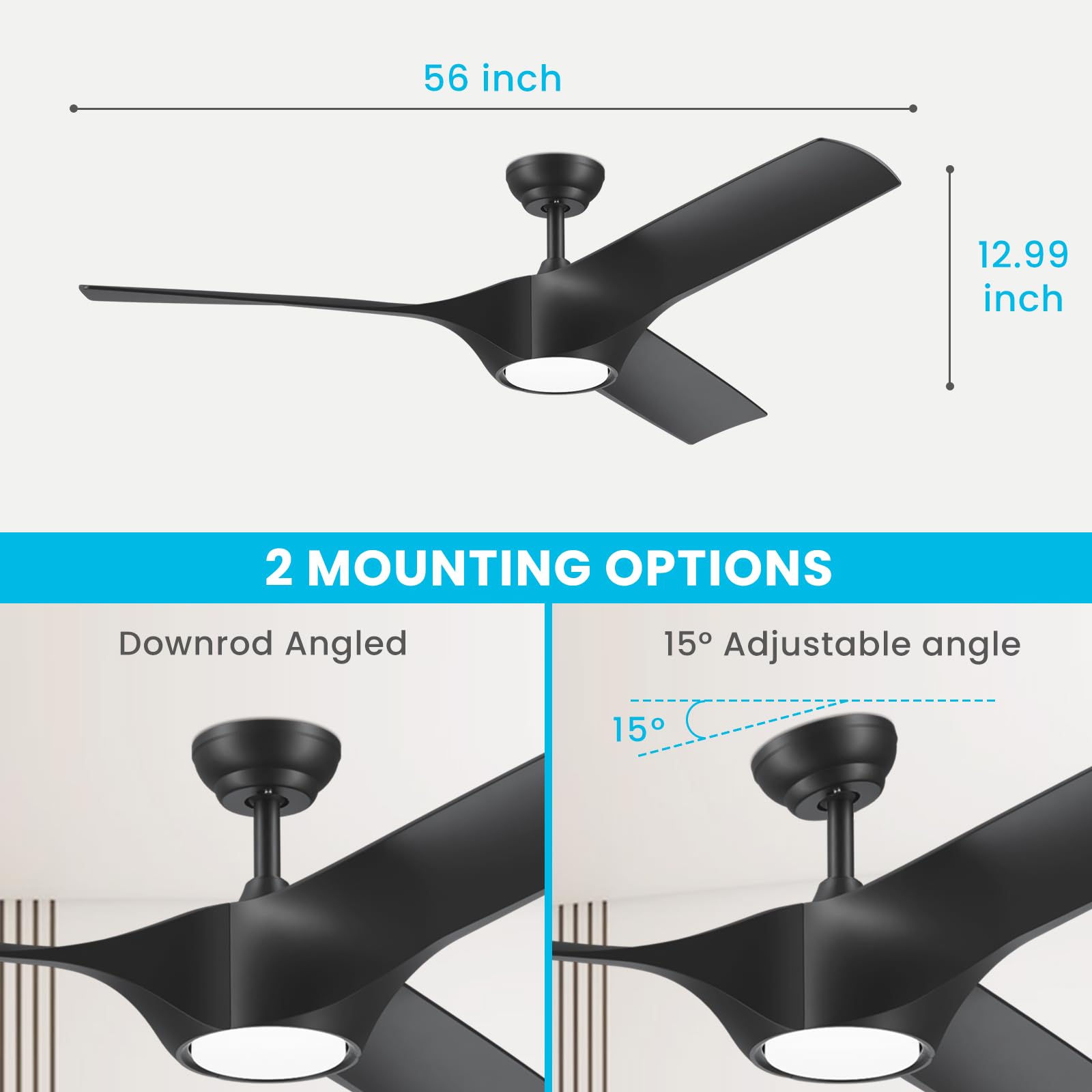 CJOY 56 inch Black Ceiling Fan, Dimmable Ceiling Fans with Lights, 3 Reversible ABS Fan Blades, Silent DC Motor, Modern Fans Lights with Remote, 6 Speeds, Timer, Indoor/Outdoor