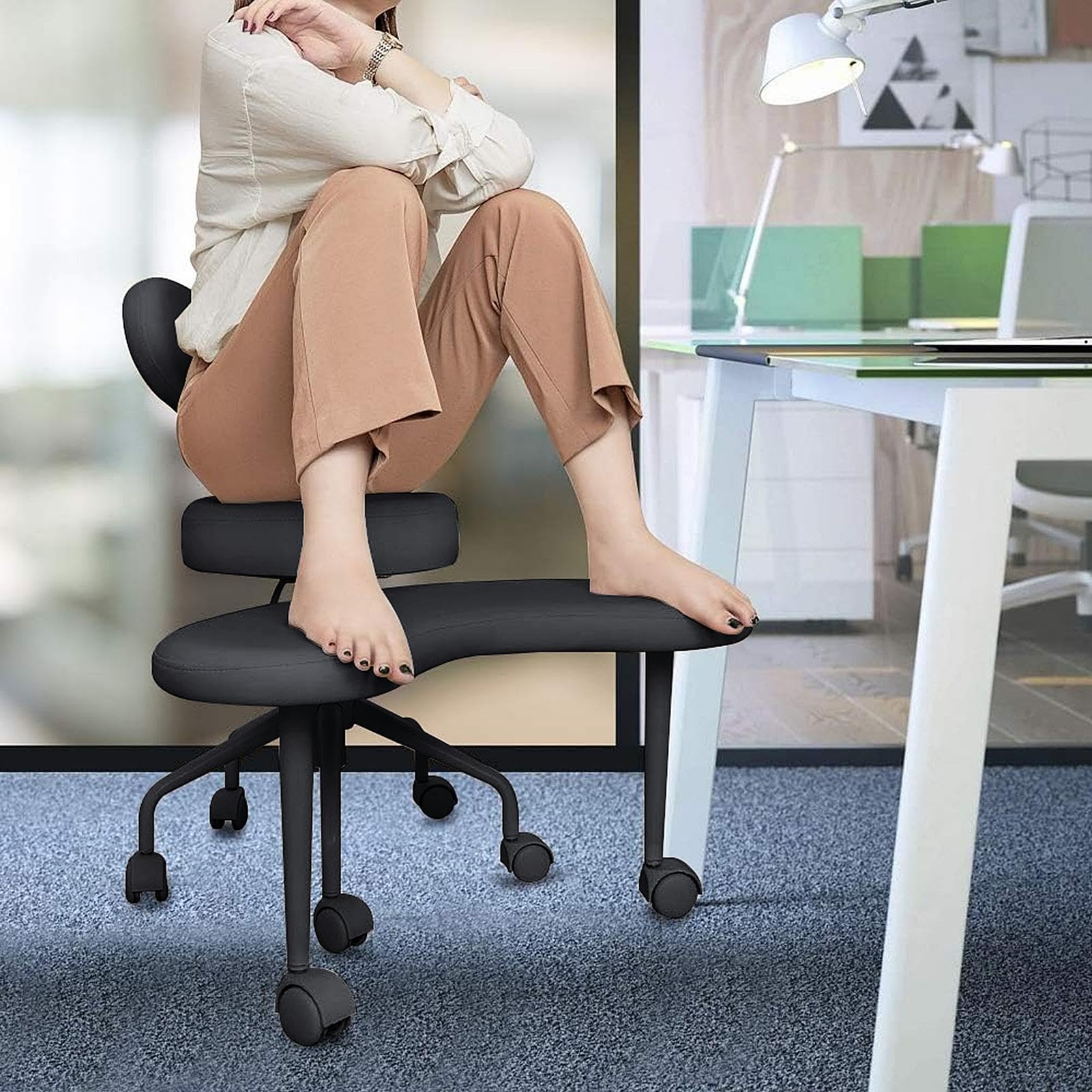 Ergonomic Mobile Traverse Legged Desk Chair with Wheels,Meditation Chair,Traverse Legged Office Chair with Lumbar Support and Adjustable Stool, Flexible Design for for Home & Office(Black)