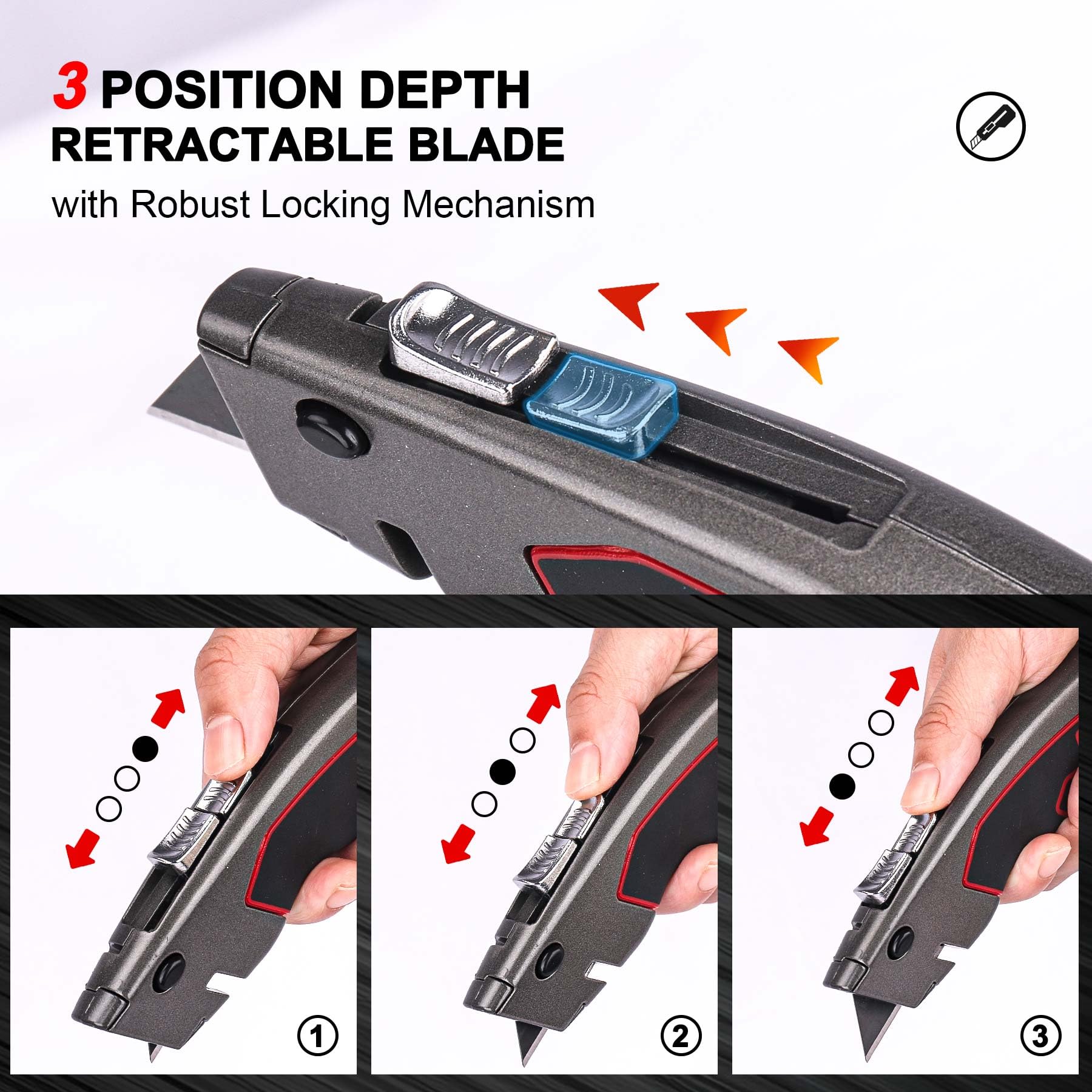 HAUTMEC Heavy Duty Utility Knife With Dual Cutting Mechanism，Safety Auto-Retracting and Precision 3 Position Depth Tough Cutting, Professional Retractable Box Cutter With 3 Black Sk4 Blades, HT0311
