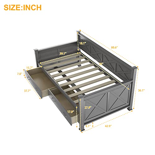 Oudiec Twin Daybed with Storage Drawers,Solid Pinewood Bedframe with Guardrail for Boys/Girls/Teens/Kids Bedroom,No Box Spring Needed,Gray