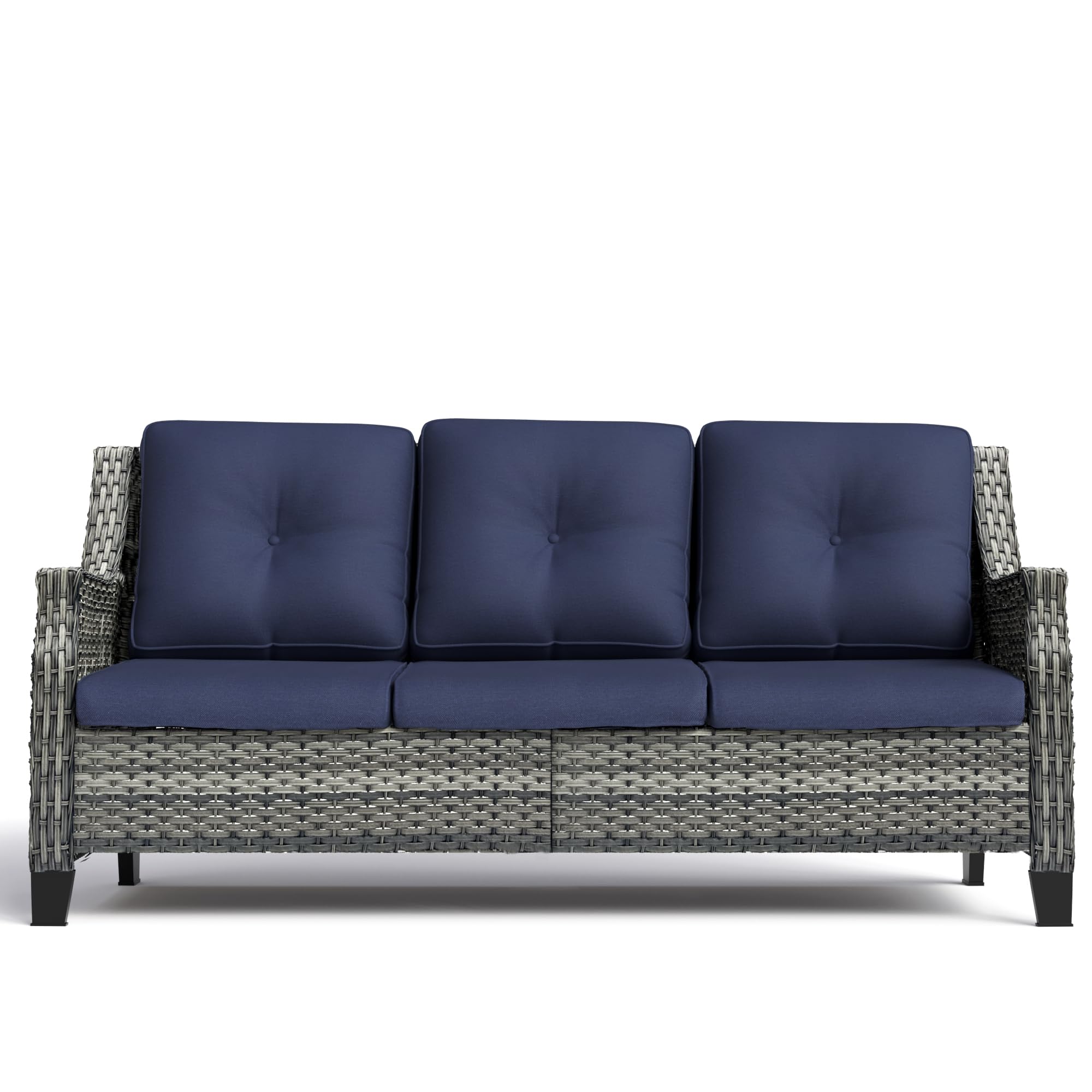 Joyside Outdoor Patio Couch Wicker Sofa - 3 Seater Rattan Sofa for Outside Patio Garden with Deep Seating and Olefin Cushions(Mixed Grey/Dark Blue)