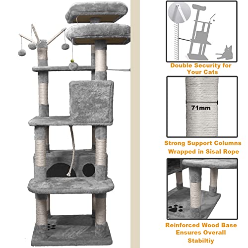 NEGTTE Cat Tree Tower for Indoor Cats,64 inches Large Multi-Level Cat Activity Center with Condos,Scratching Posts,Removable Fur Ball Sticks,Light Gray