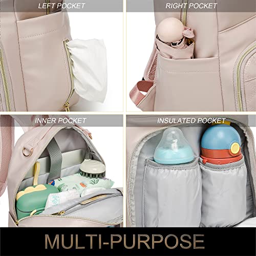 Ezgnuk Diaper Bag Backpack, Quilted Baby Bag with Insulated Pocket, Multi Functional Portable Hanging Diaper Trolley Backpack Lovely Light Mother Pack (Pink)