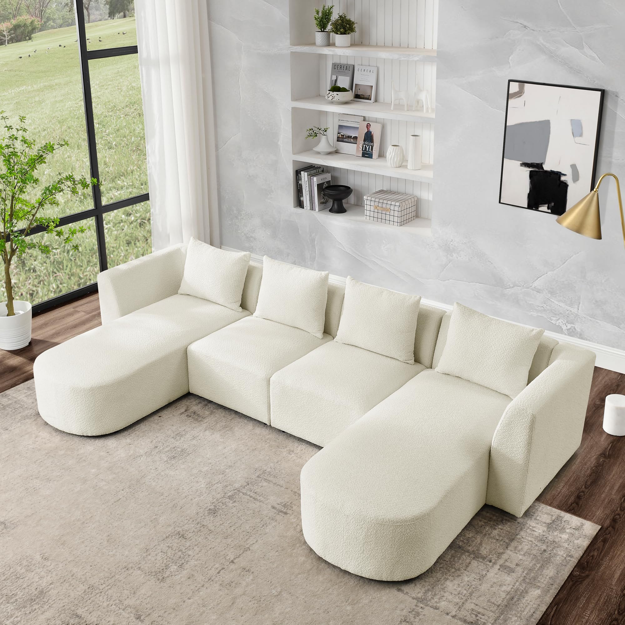 GNIXUU Modular Sectional Sofa, Modern Minimalist Boucle Fabric U-Shaped Sectional Couch, Comfy Double Chaise Lounge 4 seat Couch Set with Pillows for Living Room, Office, Apartment,117Inch(Beige)
