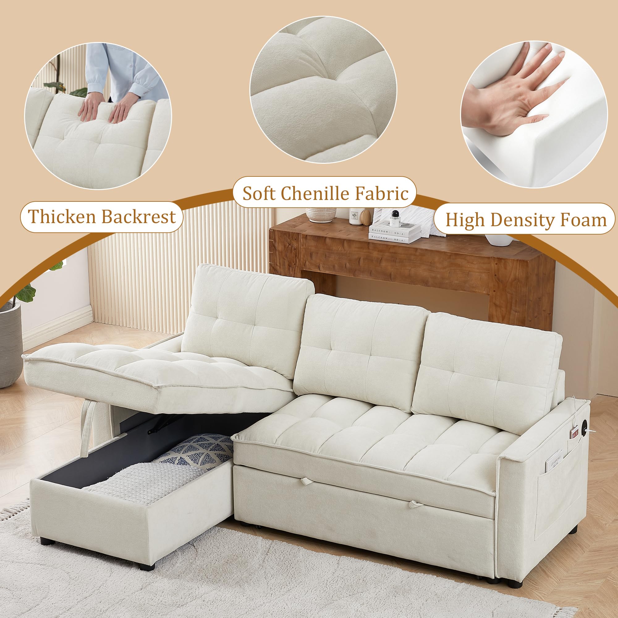 GNIXUU Sleeper Sofa Bed, 78.7" Pull-Out Couch Bed with USB and Tape-C Ports, Tufted L Shape Convertible Sectional Sofa with Storage Chaise for Living Room, Apartment, Small Spaces, Office, Beige