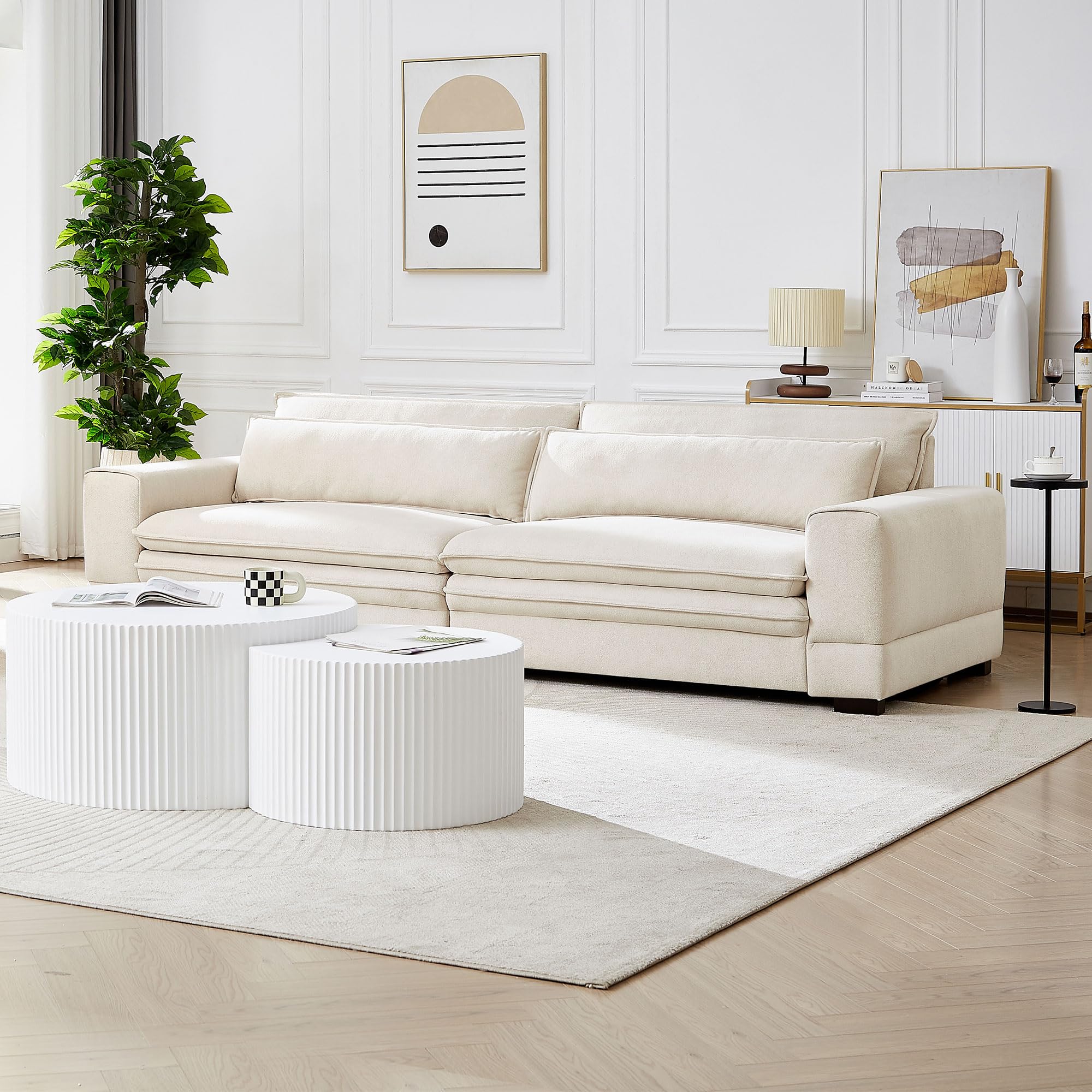 JUSTONE 126" Curved Sofa Modern Curved Couch Living Room, Upholstery Boucle Sofa Couch with 2 Pillows,4-Seat Sofa Couch for Apartment,Living Room (Right-Facing,Light Cream)