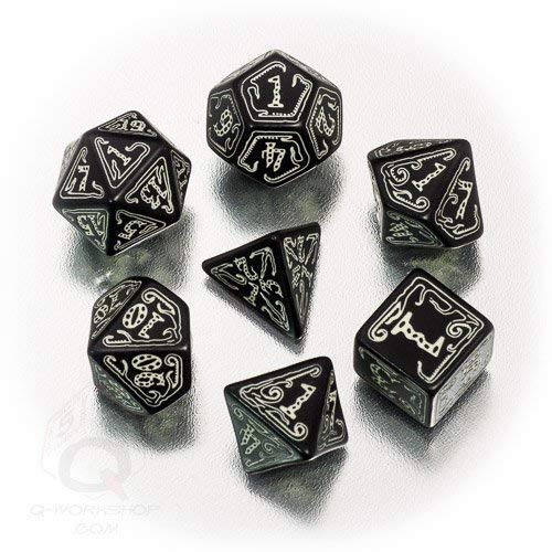 Q-Workshop Call of Cthulhu Black & Glow-in-The-Dark RPG Ornamented Dice Set 7 Polyhedral Pieces Black & Glow-in-the Dark, Standard (15mm - 17mm)