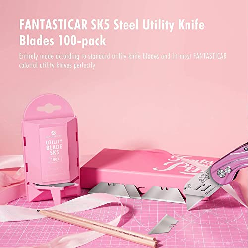 FantastiCAR Pink Folding Utility Knife Gift Box Cutter Lightweight and 100 Blades with Dispenser