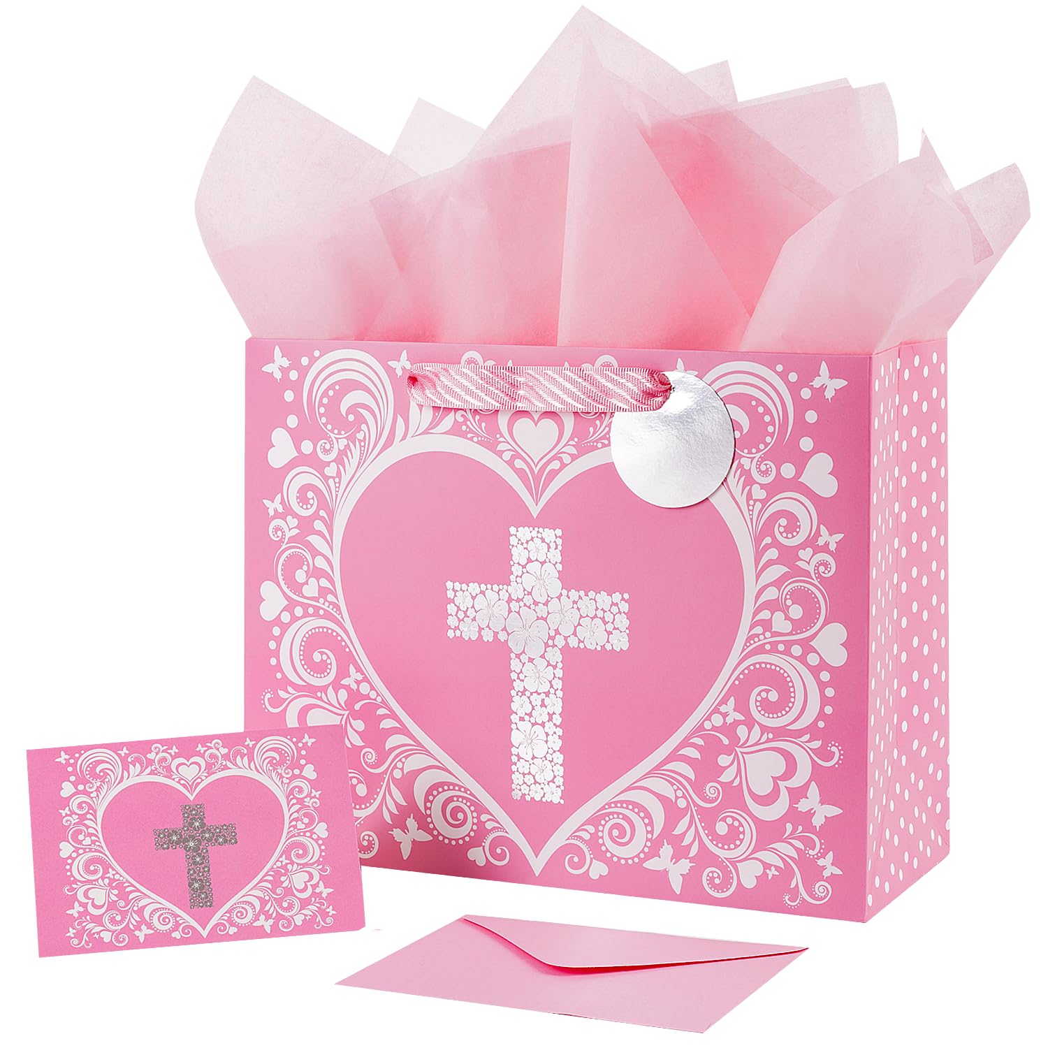 JWSCYSY 12.6" Large Pink Gift Bag with Metallic Silver Floral Cross Design, Card and Tissue Paper for Baby Girl Baptisms, Christenings, First Communions Religious