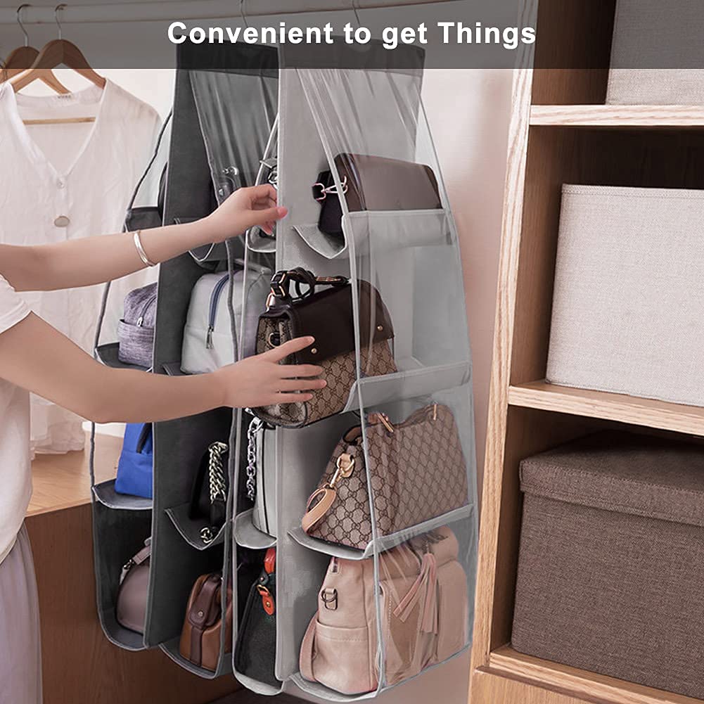 Lirex Handbag Hanging Purse Organizer for Closet, 8 Pocket Handbag Storage Organizer Hanger Oxford Cloth Closet Organizer for Family Closet Bedroom, Foldable and Universal Fit, Grey