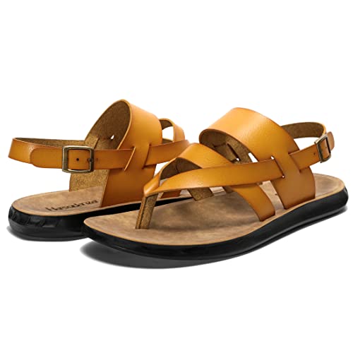 Harssidanzar Quick-Dry Flip-Flop Sandals For Men's,Summer Comfy Outdoor Adjustable Ankle Strap Flat Slip On Sandals Flip Flops Shoes KM218,TAN,Size 10