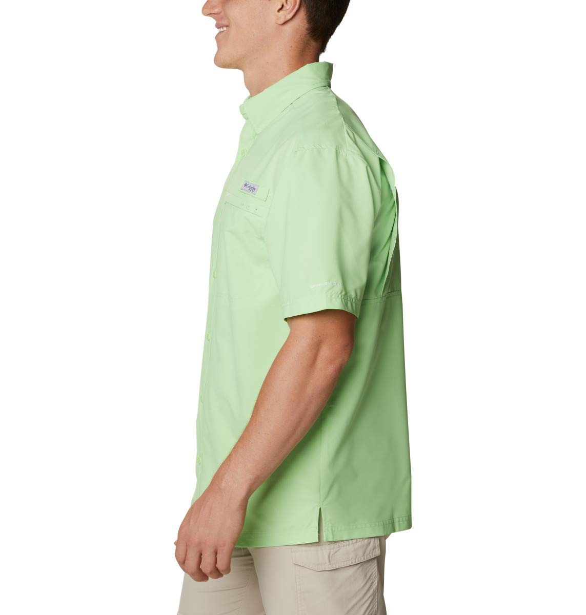 Columbia Men's PFG Grander Marlin Woven Short Sleeve Shirt, Moisture Wicking, Sun Protection, Lime Glow, Medium
