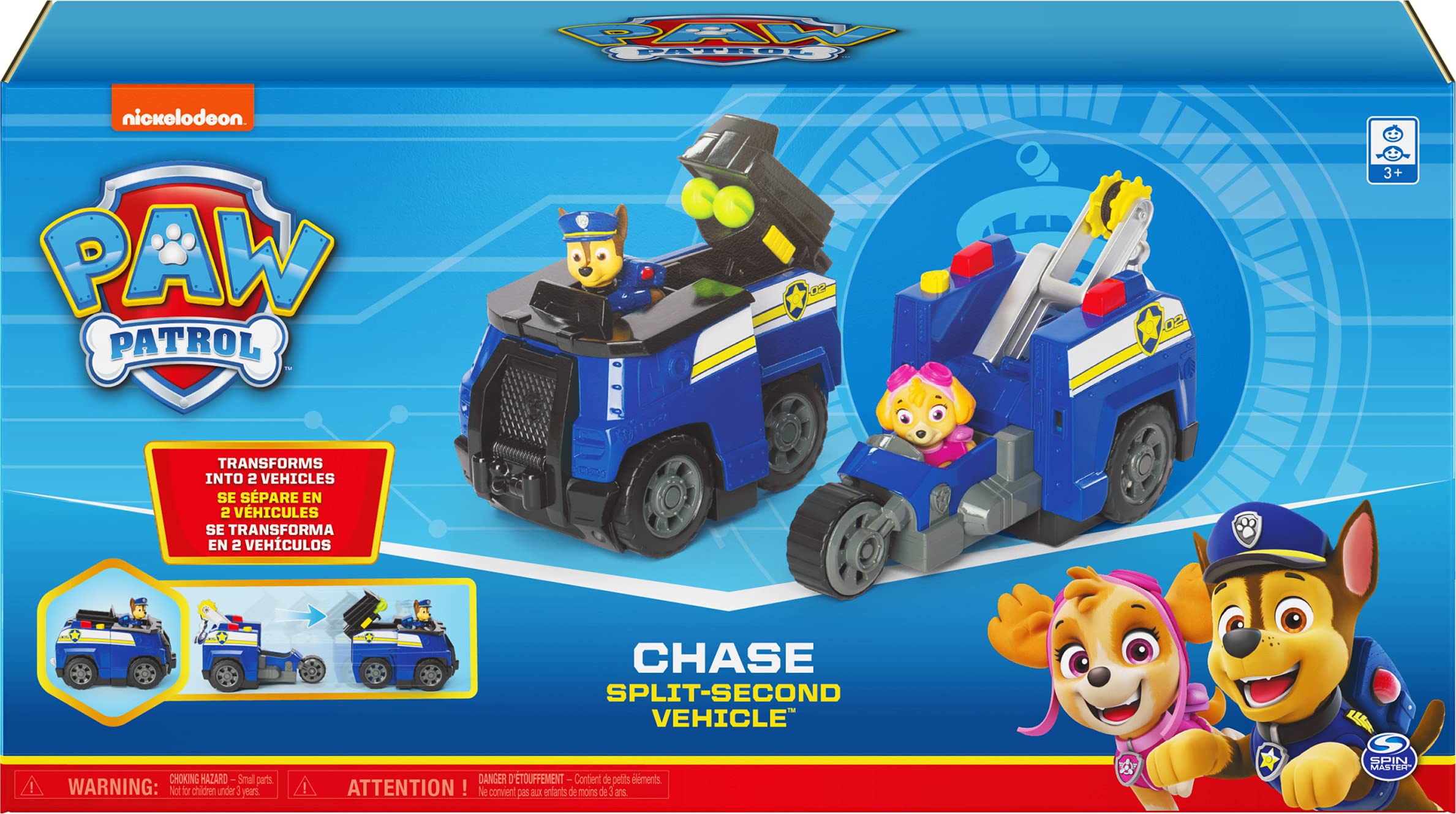 Paw Patrol, Chase Split-Second 2-in-1 Transforming Police Cruiser Vehicle with 2 Collectible Figures
