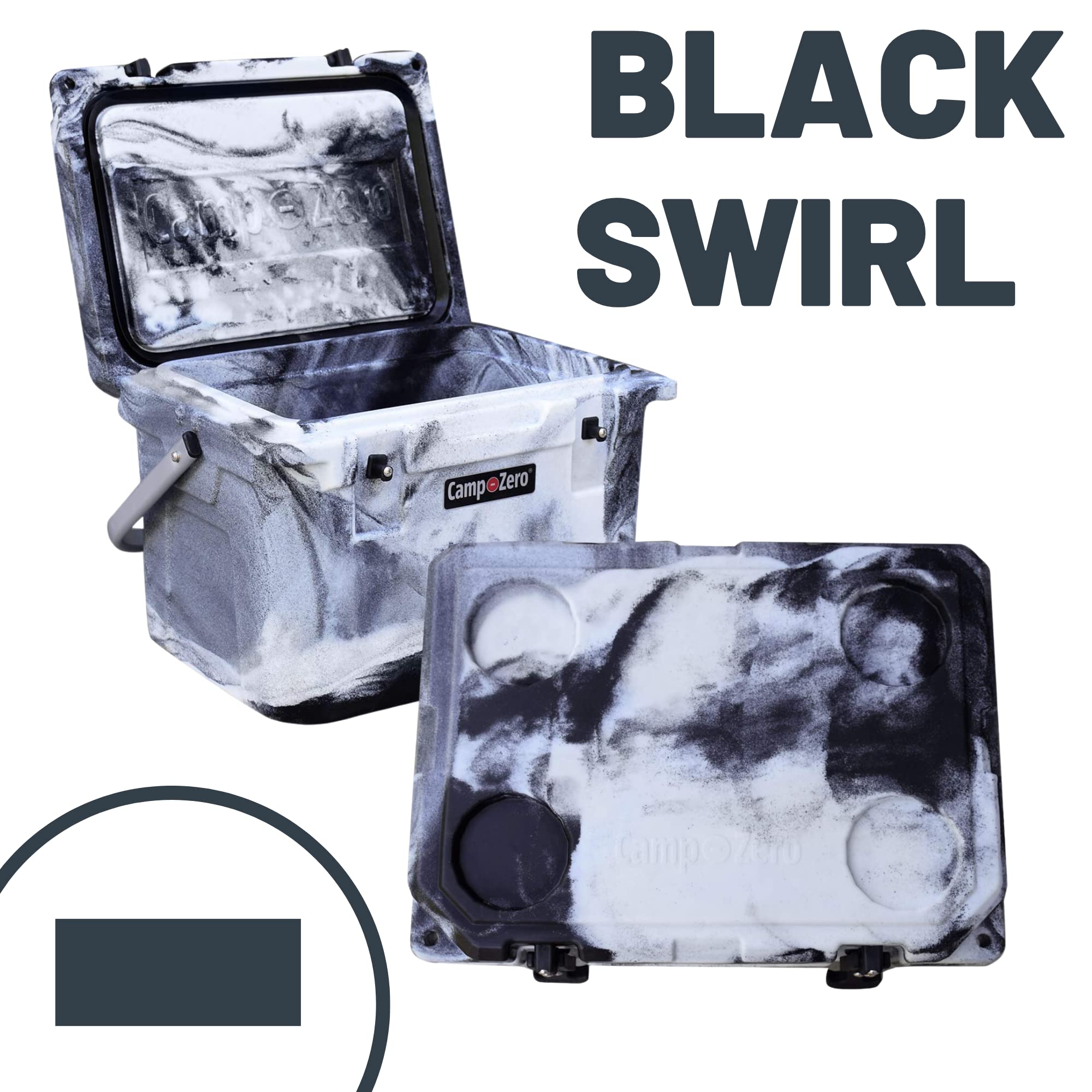 CAMP-ZERO 20L | 21.13 Quart Premium Cooler with 4 Molded-in Cup Holders & Folding Aluminum Handle | Thick Walled, Freezer Grade Cooler w/Secure Locking System & Tie Down Channels (Black Swirl)