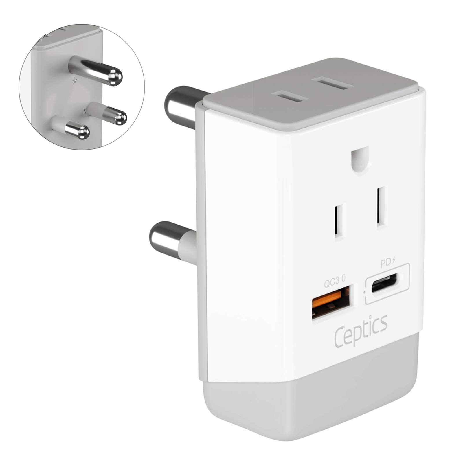 Ceptics South Africa Power Plug Adapter Travel QC 3.0 & PD, Safe Dual USB & USB-C - 2 USA Socket Compact & Powerful - Use in S. Africa Botswana - Type M AP-10L - Fast Charging