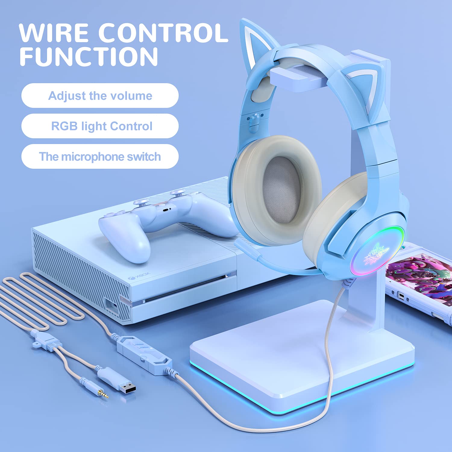 SIMGAL Blue Gaming Headset with Removable Cat Ears, Compatible with PC PS4 PS5 Xbox One(Adapter Not Included) Mobile Phones, with Surround Sound, RGB Backlight & Retractable Microphone