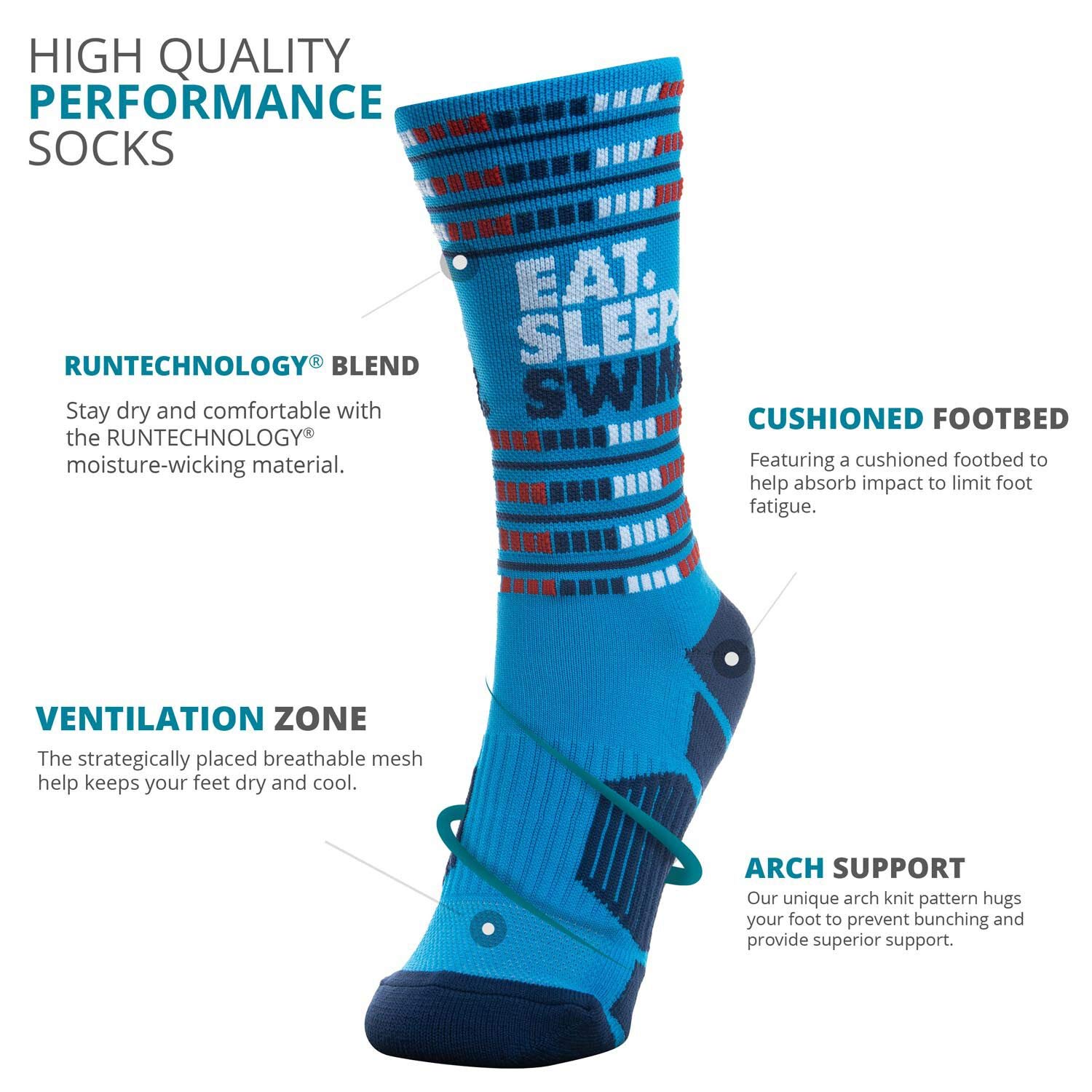 ChalkTalkSPORTS Swim Athletic Mid-Calf Woven Socks | Eat Sleep Swim Lanes Socks | Blue