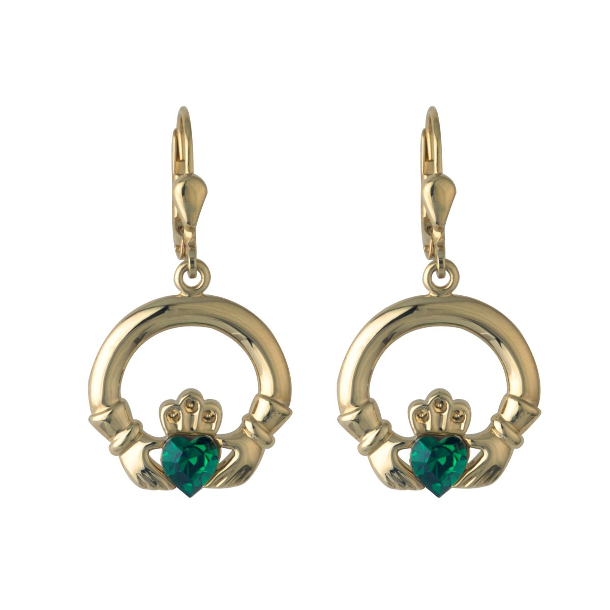 Claddagh Earrings Gold Plated & Synthetic Emerald Drops