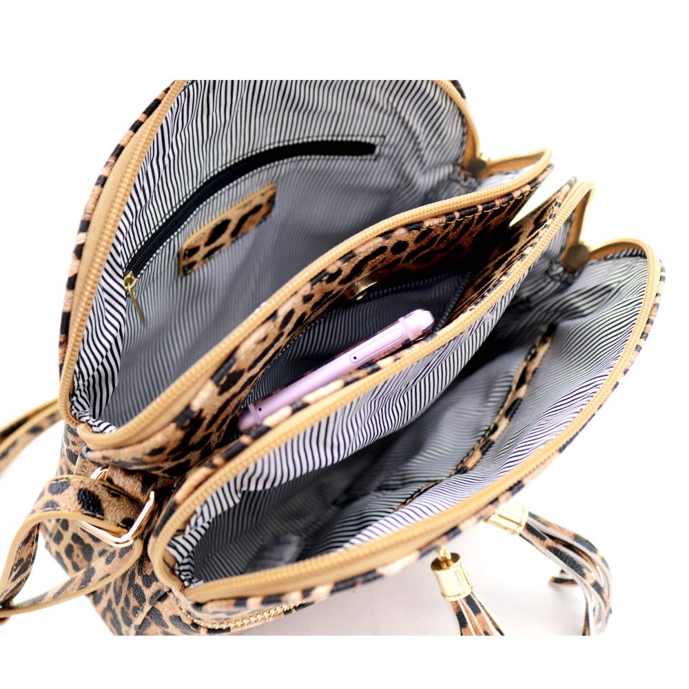 Trendeology Leopard Print Front Pocket Compartment Vegan Leather Dome Crossbody Purse Bag (Leopard3 - Tan) Medium