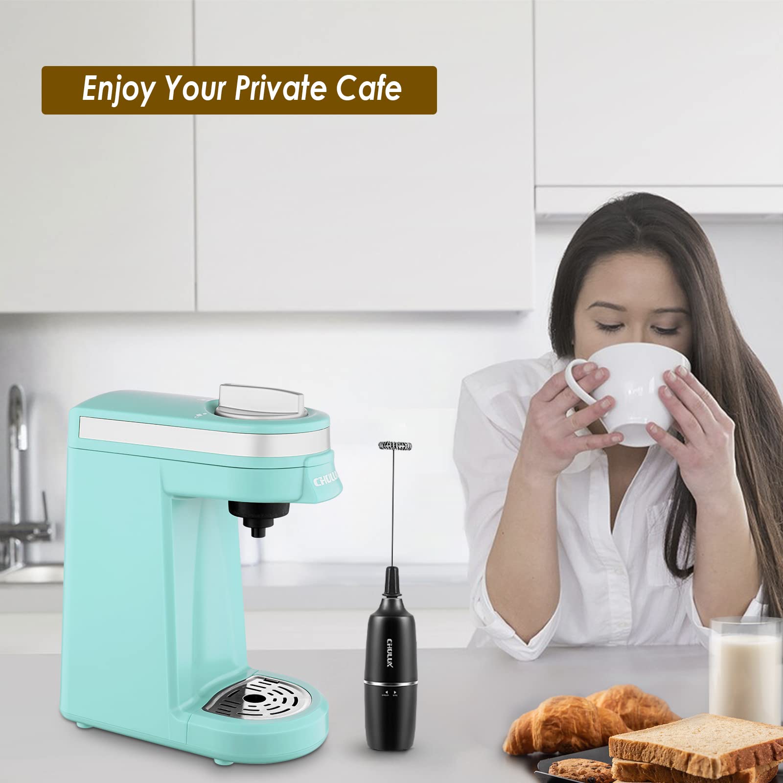 CHULUX Single Cup Coffee Maker with Milk Frother,One Button Operation Compact Coffee Machine with Auto Shut-Off for Capsule or Ground Coffee,Cyan