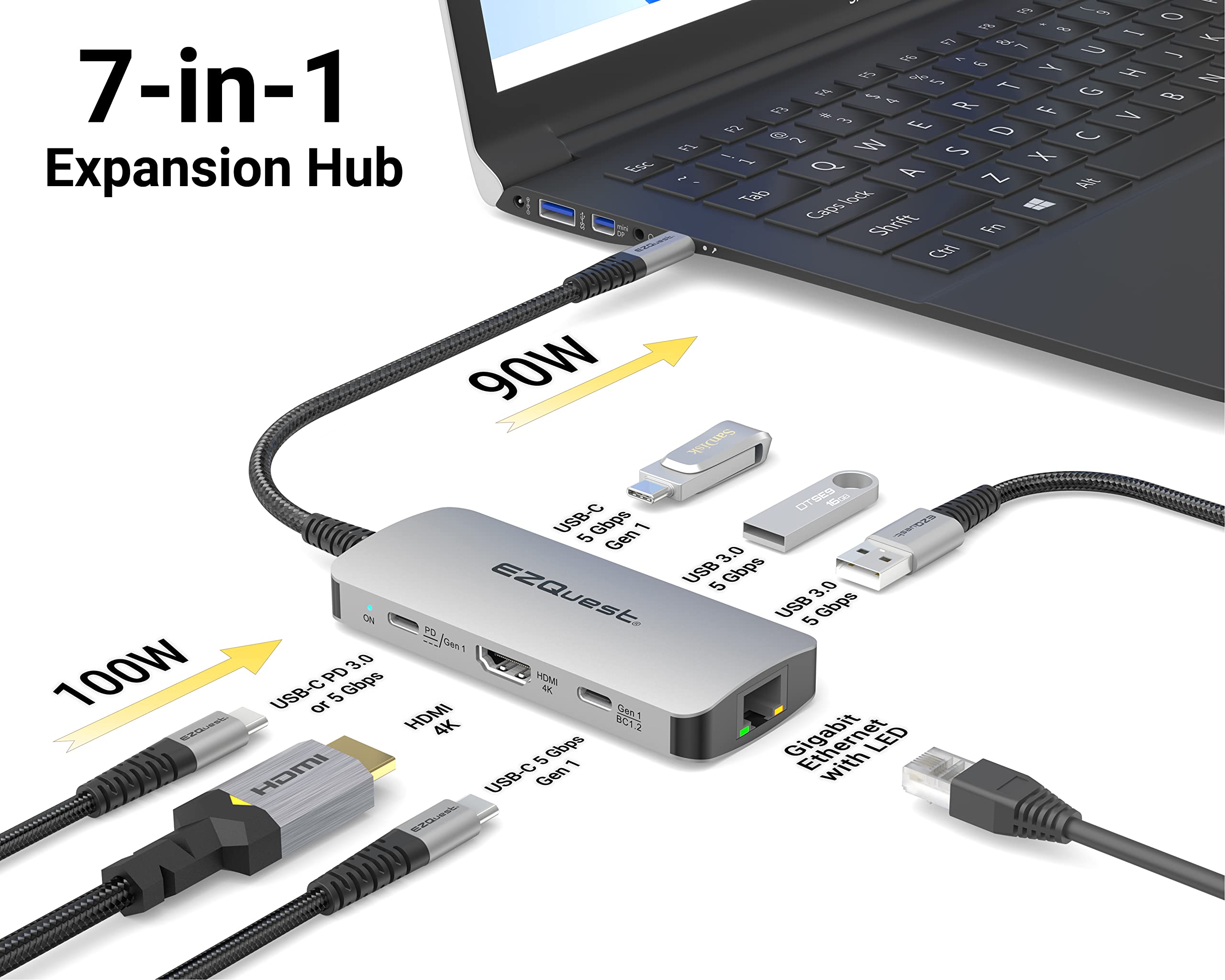 EZQuest USB C Multimedia Hub 8 in 1 with HDMI 4K, 100 Watts USB C Power Delivery/5Gbs Data, 2 USB C Ports, 2 USB A 3.0 Ports, SD/Micro SD Compatible with USB-C Laptops