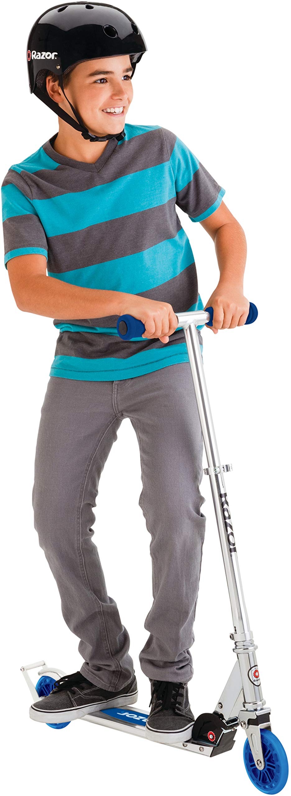 Razor A3 Kick Scooter for Kids Ages 5+ - Foldable, Lightweight, Large Wheels, Front Vibration Reducing System, Adjustable Handlebars, For Riders up to 143 lbs, Blue